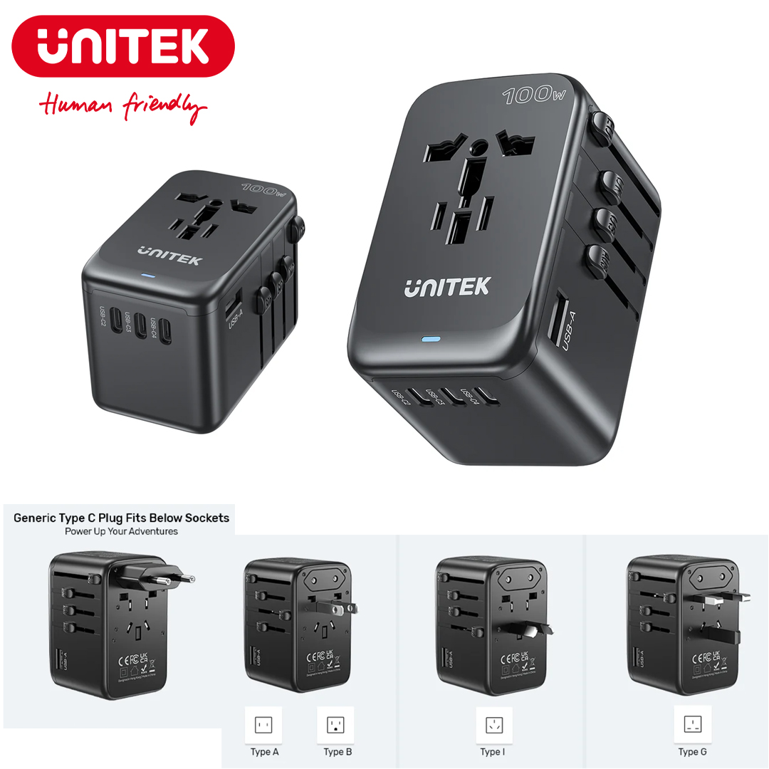 Universal Travel Adapter 100W - 5 Plug (QC PD) Unitek P1123ABK01 (Full ...
